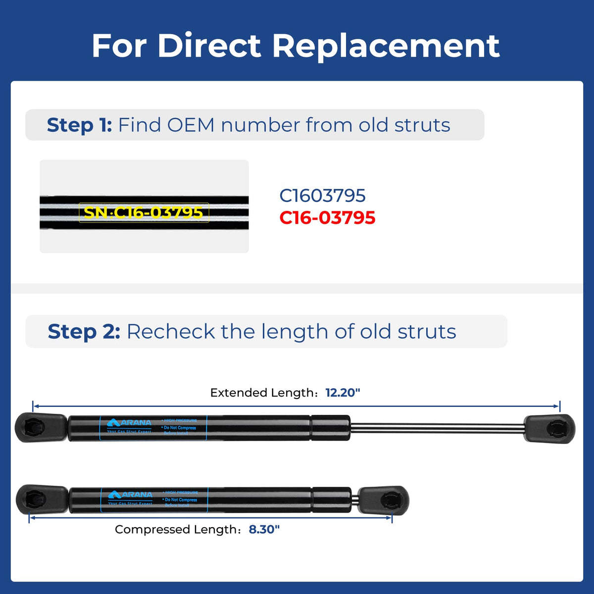 Arana C16-03795 Gas Struts 12 Inch, C16-09903 12 Inch 24Lb/107N Gas Sh ...