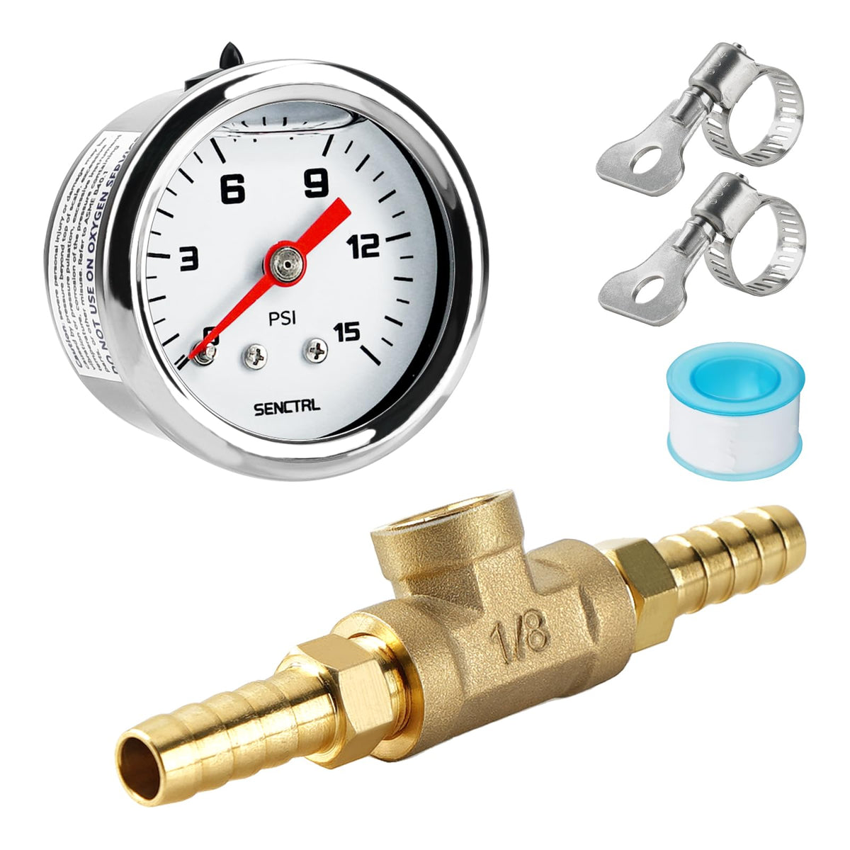 Senctrl Fuel Pressure Gauge Kit 15 Psi For 5/16 Fuel Line, White Dial ...