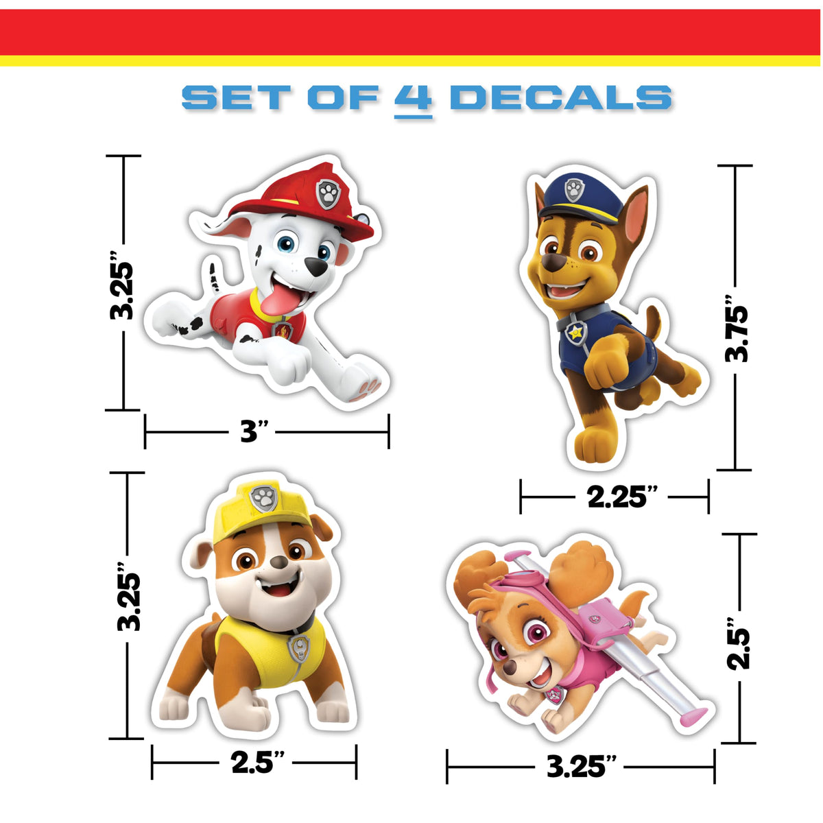 Paw Patrol Decals - Set Of 4 Stickers Chase, Skye, Marshall, Rubble Fo ...