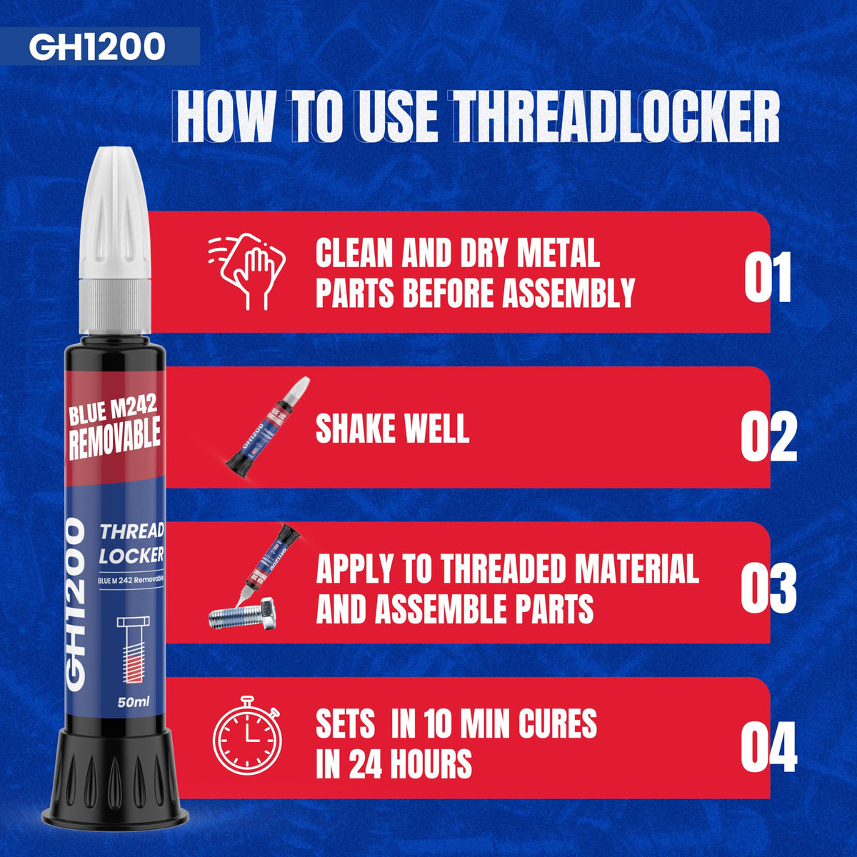 Gh1200-50Ml Blue Thread Lock Medium Strength For Nuts, Bolts, And ...